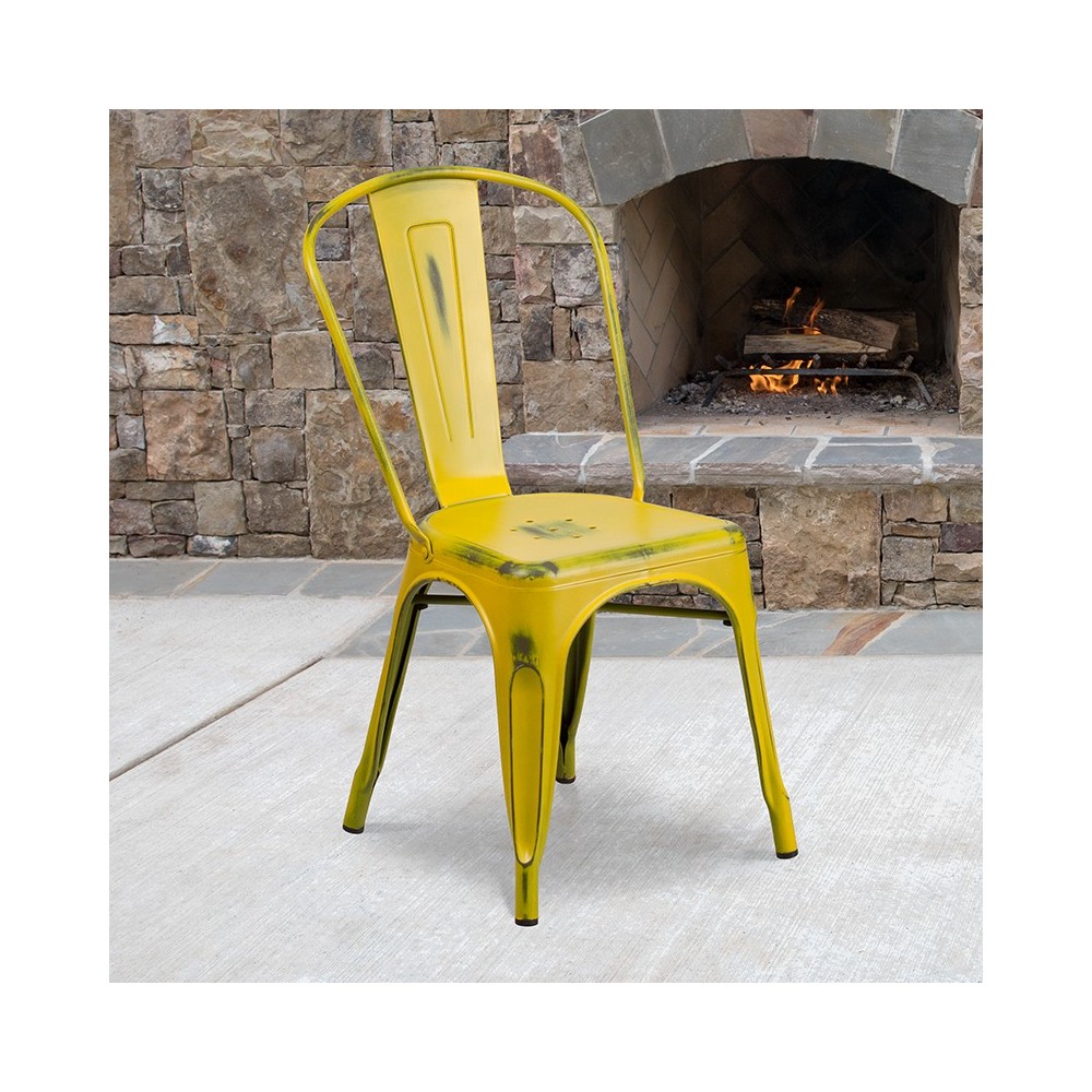 Commercial Grade Distressed Yellow Metal Indoor-Outdoor Stackable Chair