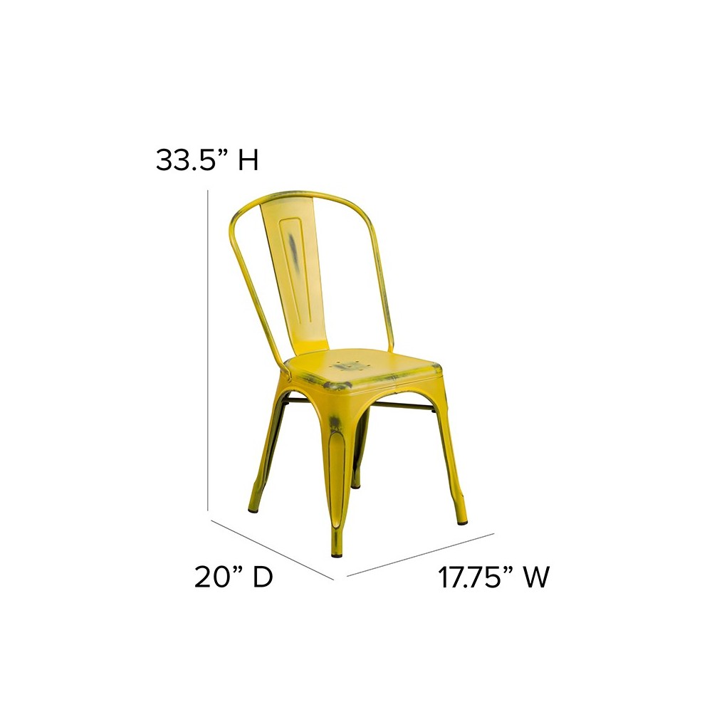 Commercial Grade Distressed Yellow Metal Indoor-Outdoor Stackable Chair